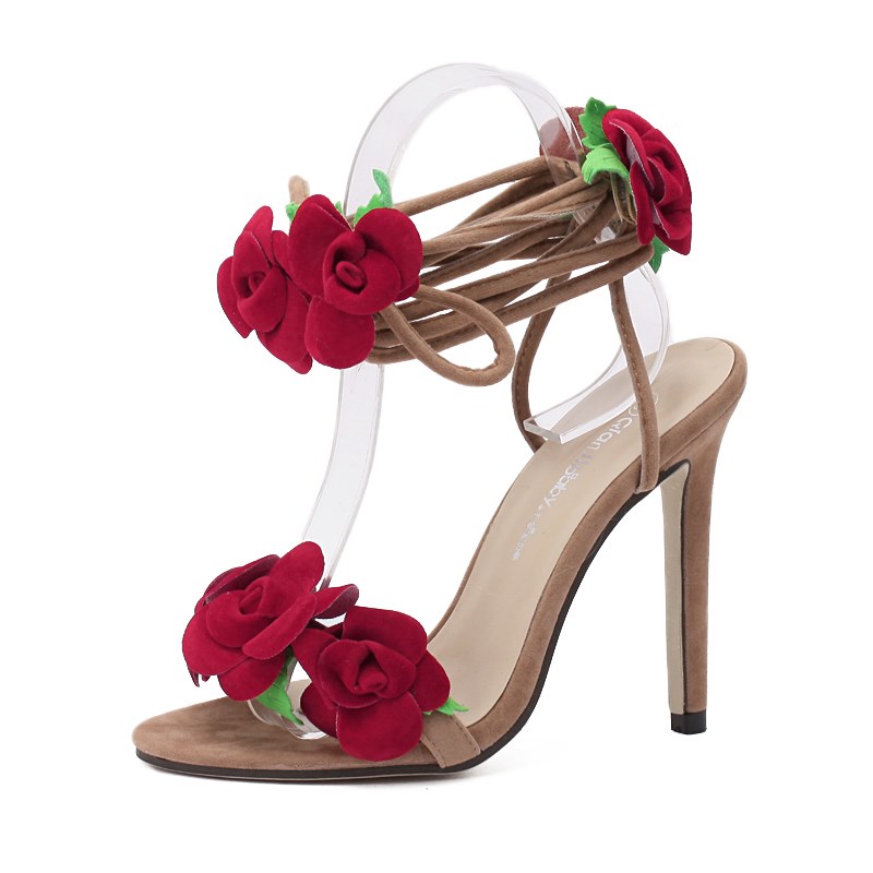 Red Roses High Heels Sandals With Lace Up Straps on Luulla