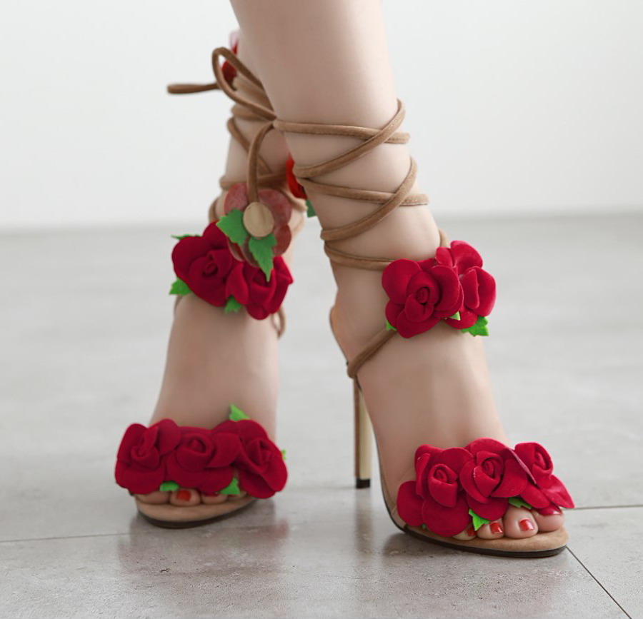 Red Roses High Heels Sandals With Lace Up Straps on Luulla
