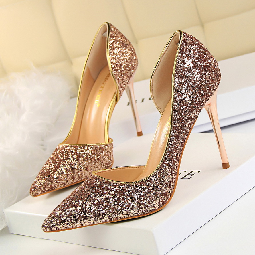 Lady Sexy Nightclub Shoes Point-toe Hollow-out Sequin Stiletto High ...